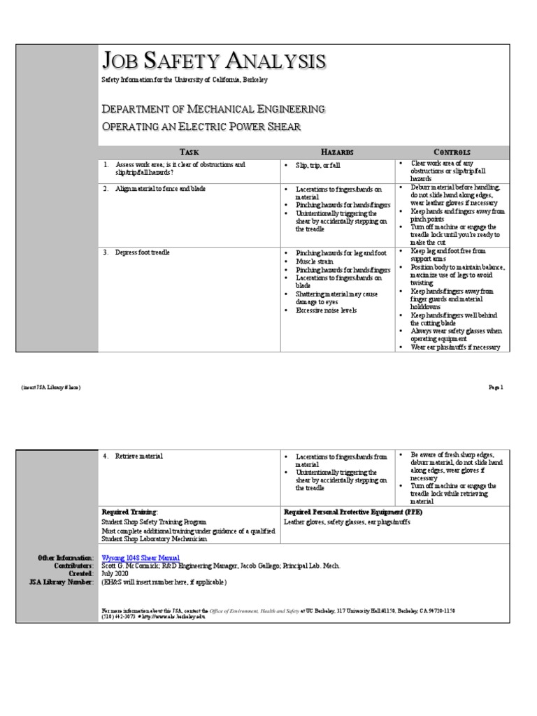 Electric Power Shear JSA | PDF | Working Conditions | Occupational Safety And Health