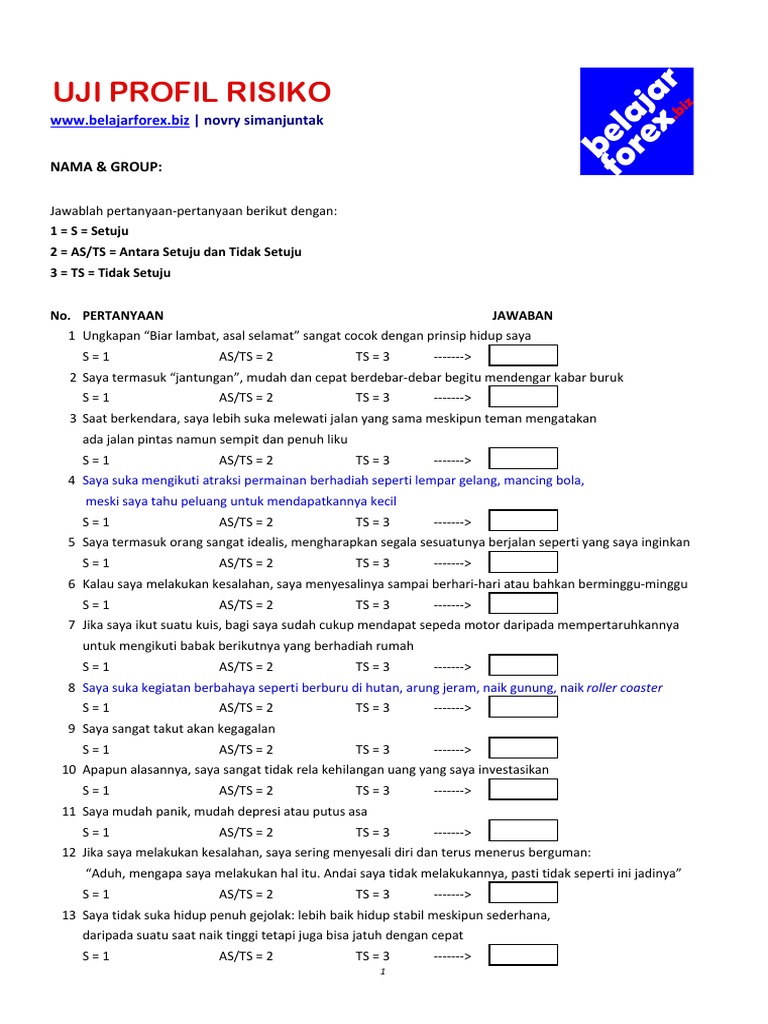 FORM - Uji Profil Risiko | PDF