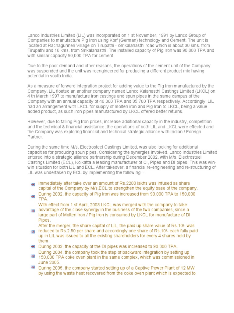 Lanco Industries Limited Profile | PDF | Coke (Fuel) | Mergers And ...