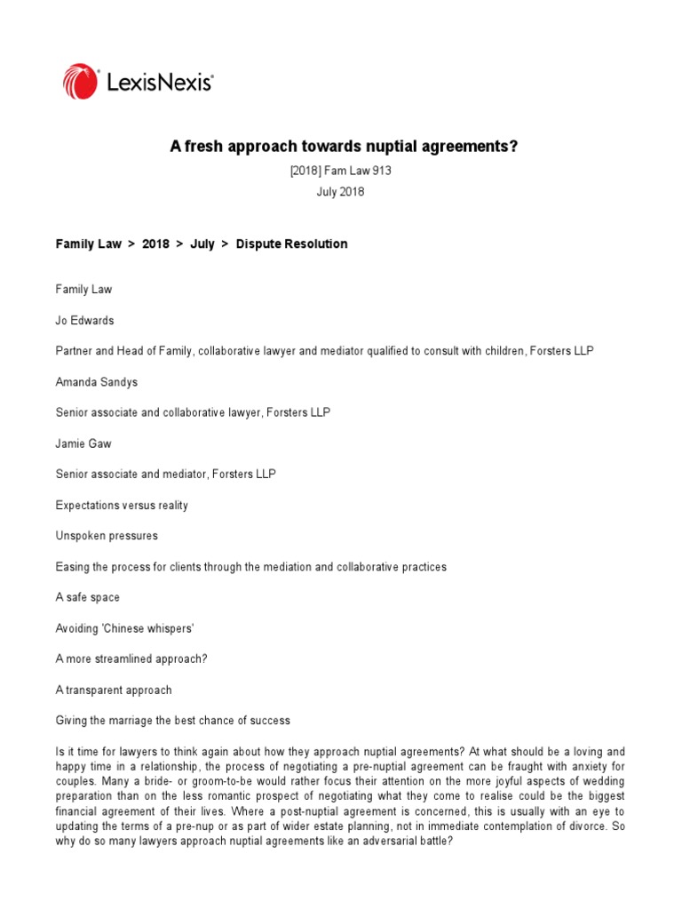 A Fresh Approach Towards Nuptial Agreements | PDF | Mediation | Marriage A Fresh Approach Towards Nuptial Agreements | PDF | Mediation | Marriage