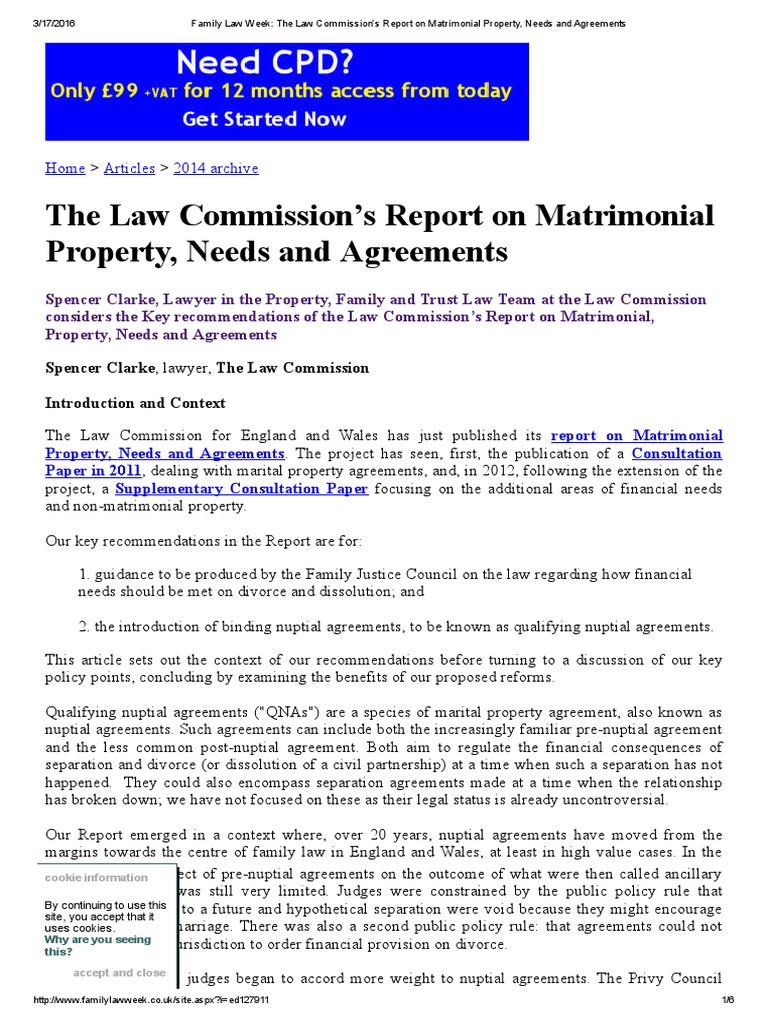 Family Law Week - The Law Commission's Report On Matrimonial Property, Needs and Agreements ...