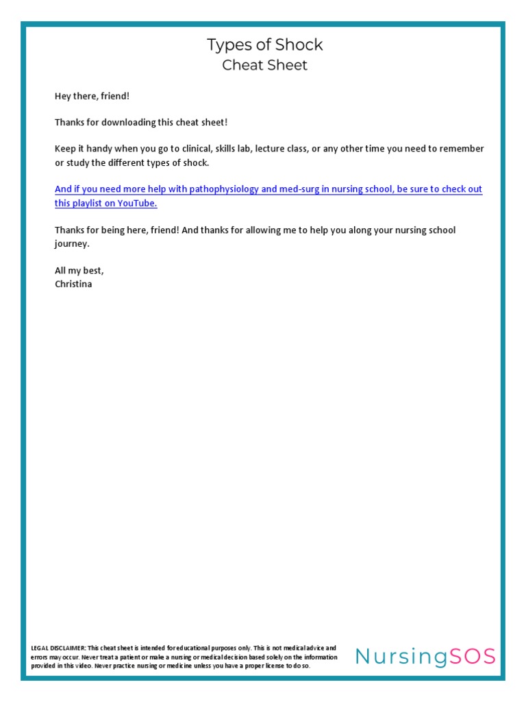 Types of Shock Cheat Sheet | PDF | Shock (Circulatory) | Heart