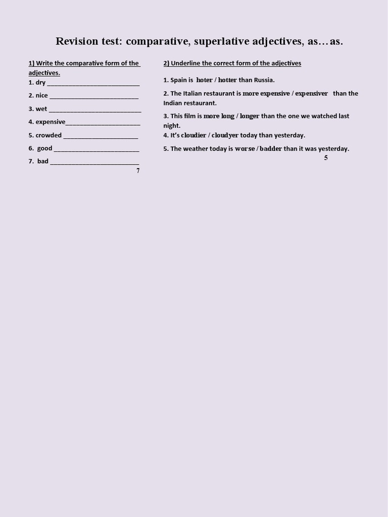 Revision Test Comparative Superlative Adjectives A Grammar Drills Tests ...