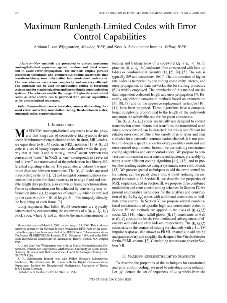 Maximum Runlength-Limited Codes With Error Control Capabilities | PDF | Forward Error Correction ...