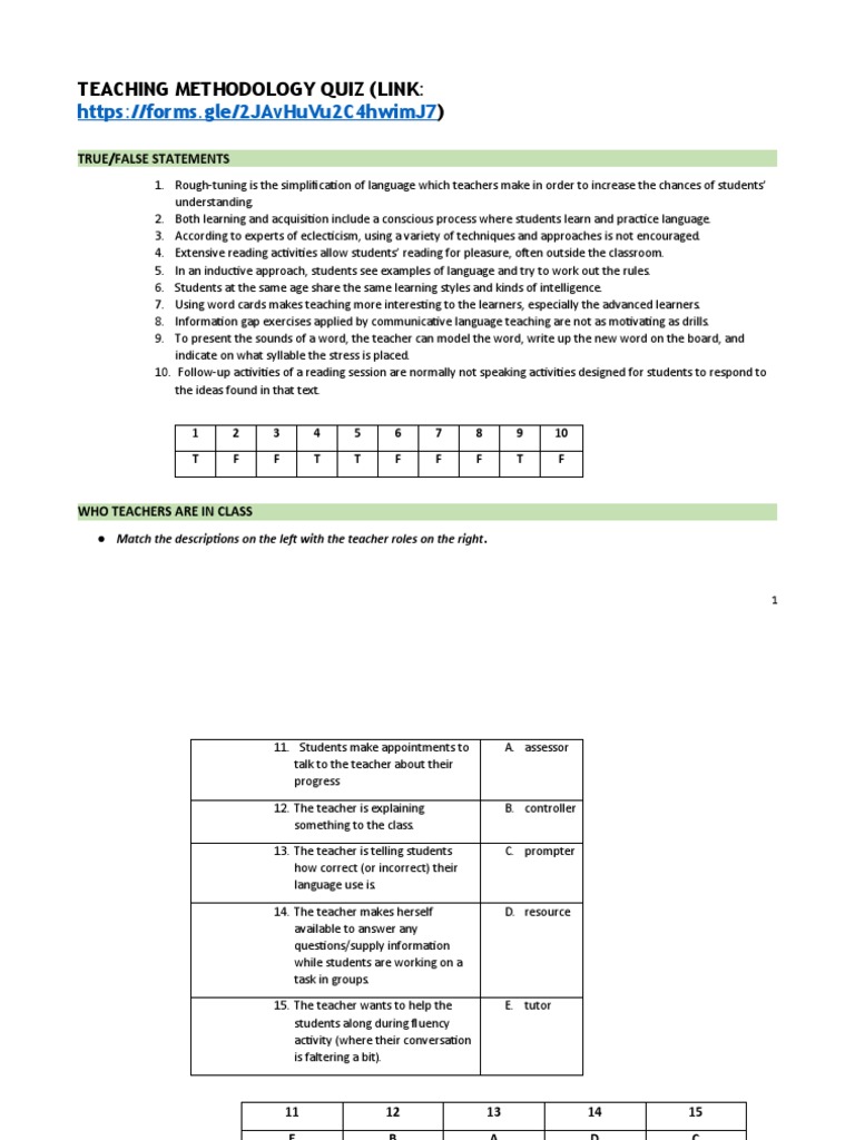Teaching Method Quiz 2020 Key Pdf Teachers Learning