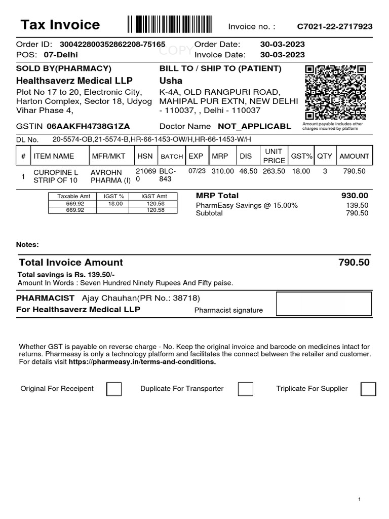 C7021-22-2717923 30-03-2023 30-03-2023 Sold by (Pharmacy) Bill To ...