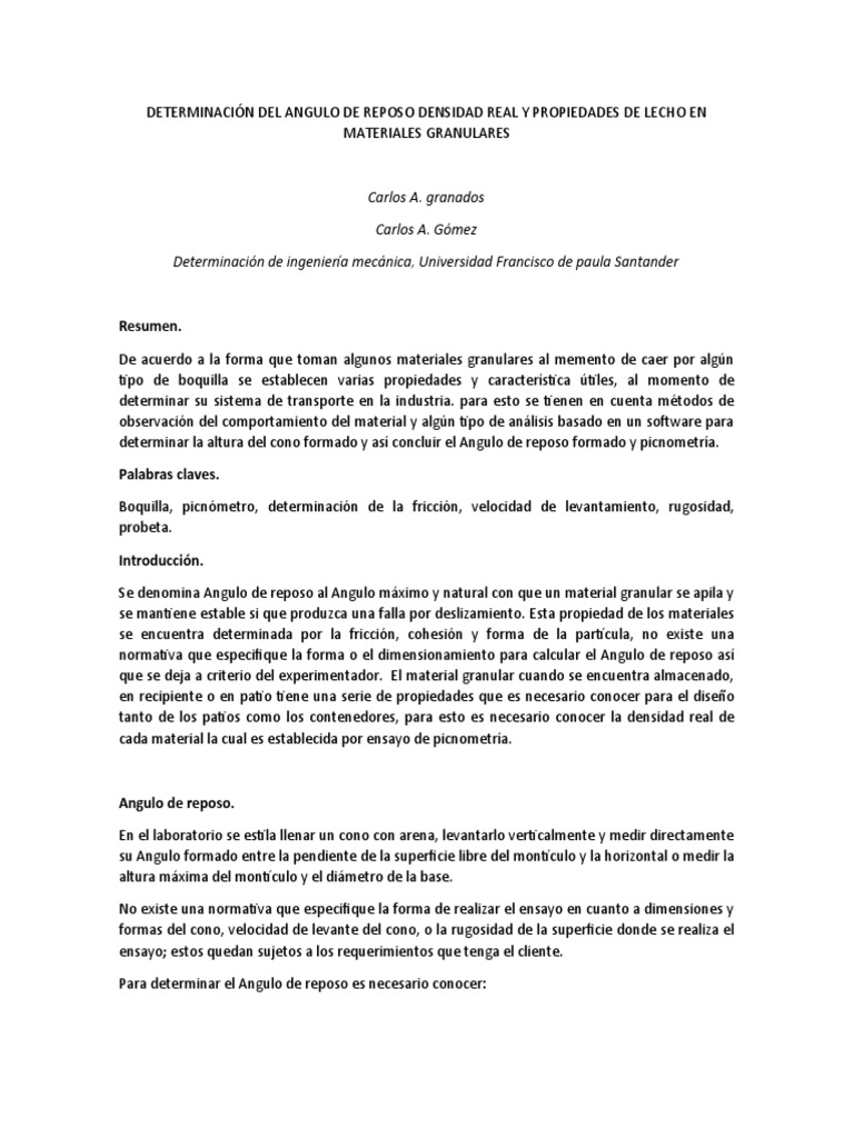 Determinación Del Angulo de Reposo Densidad Real y Propiedades de Lecho ...