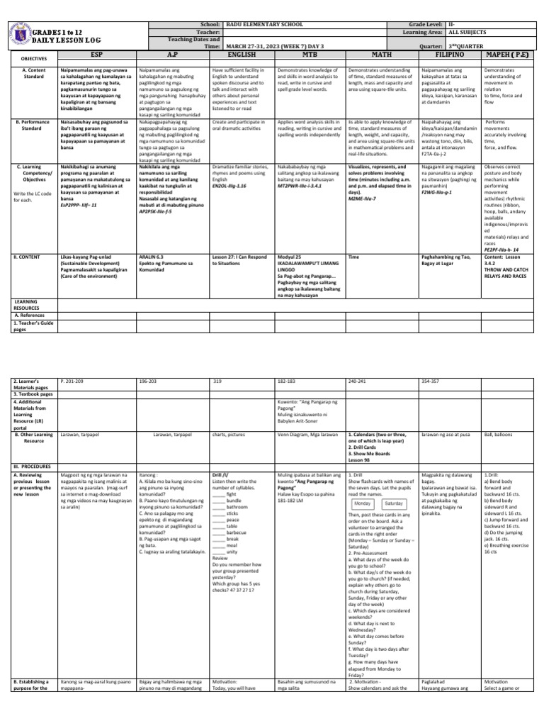 DLL - All Subjects 2 - Q3 - W7 - D3 | PDF