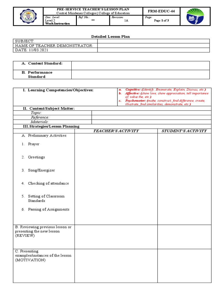 PRE-SERVICE LESSON PLAN TEMPLATE | PDF | Lesson Plan | Learning