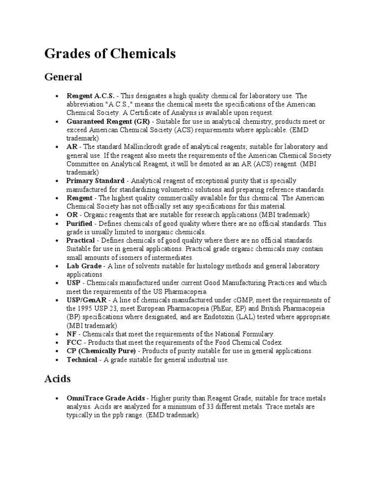 Grades of Chemicals | PDF | Chromatography | High Performance Liquid ...