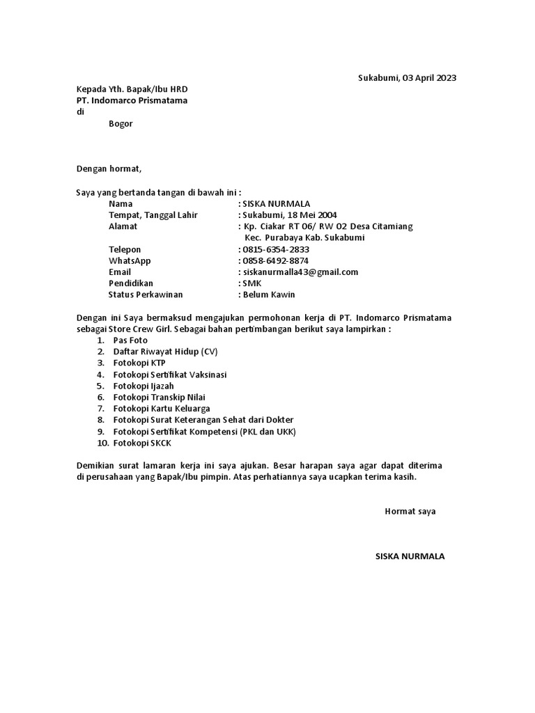 Contoh Lamaran Kerja Simple Ke Indomaret | PDF