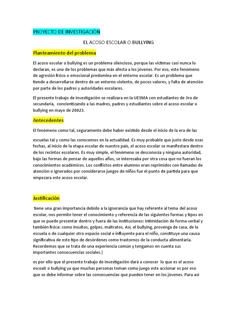 Proyecto de Investigación sobre Bullying Escolar | PDF | Agresión ...