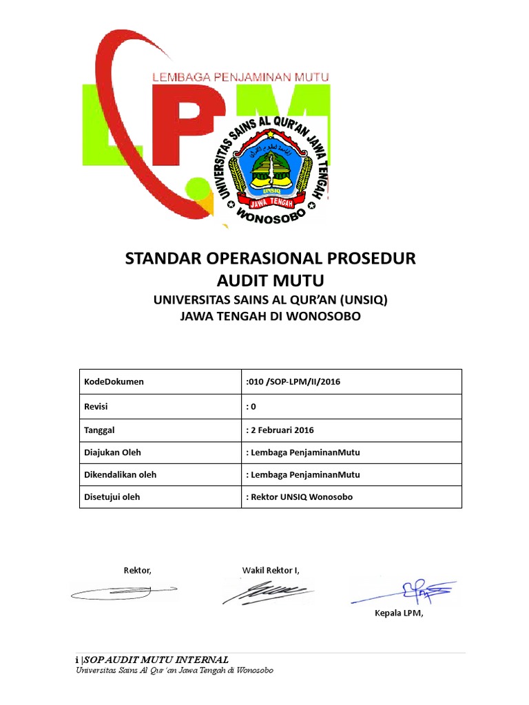 Standar Operasional Prosedur Audit Mutu: Universitas Sains Al Qur'An (Unsiq) Jawa Tengah Di ...