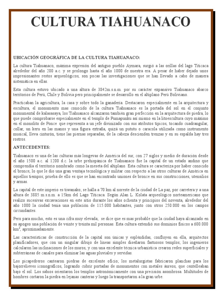 Cultura Tiahuanaco: Ubicación y Aportes | PDF