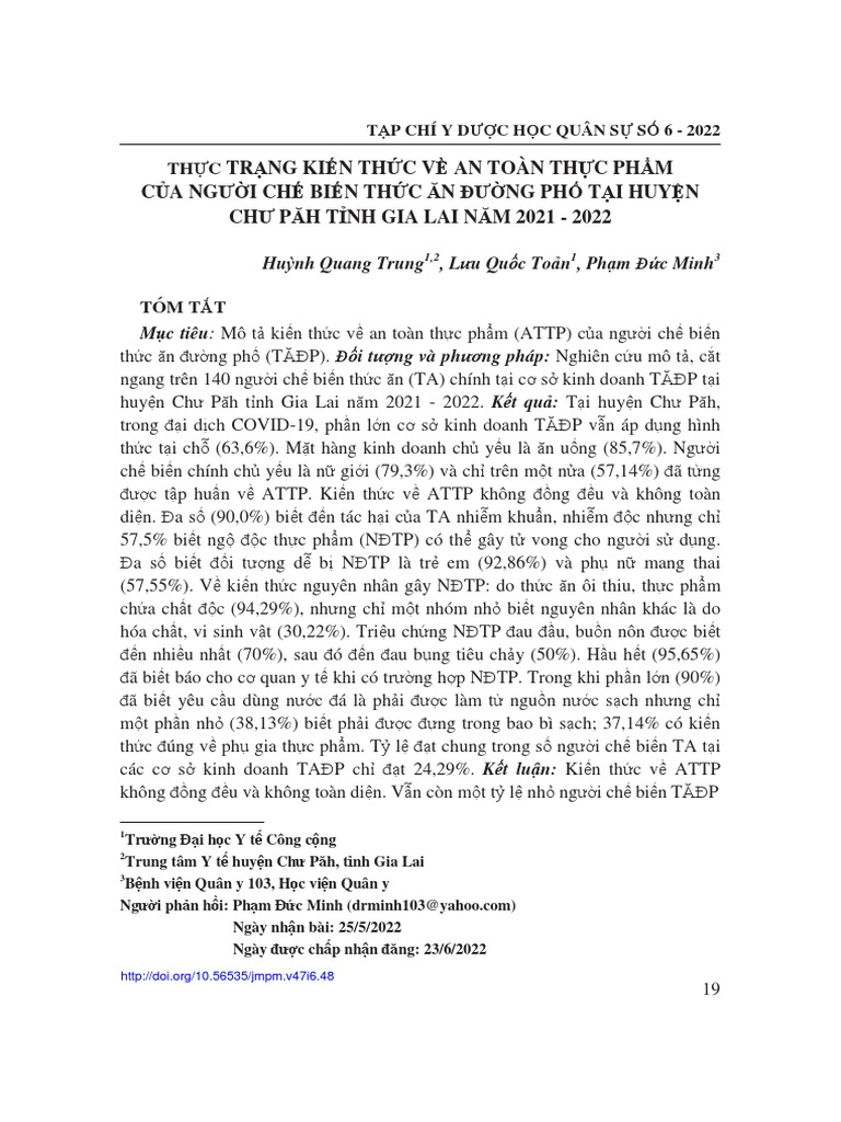 TR Ạng Kiến Thức Về An Toàn Thực Phẩm C Ủa Người Chế Biến Thức Ăn Đường ...