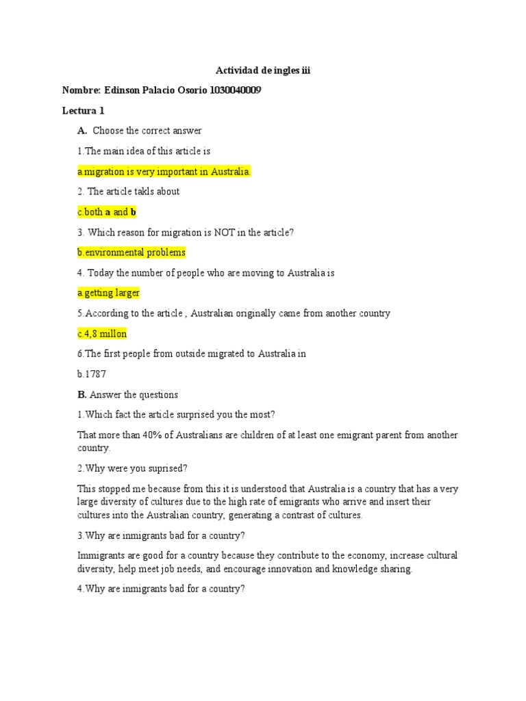 Actividad De Ingles Iii Pdf Immigration