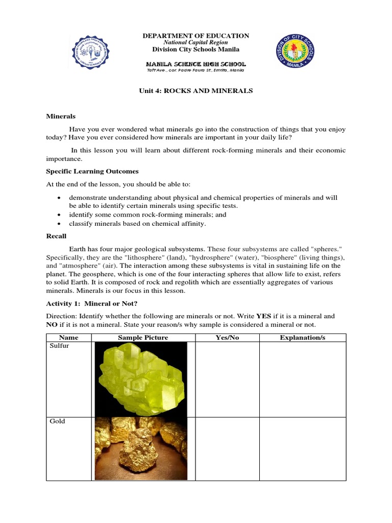 Rocks and Minerals Lesson Plan | PDF