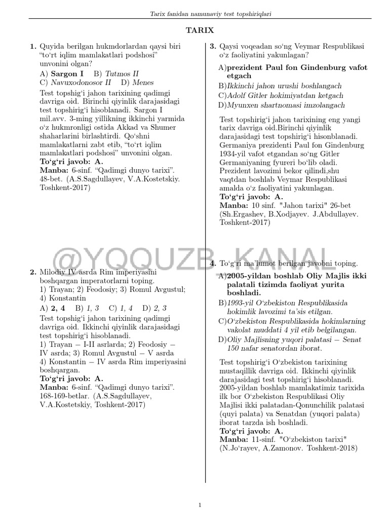 Tarixdan Test Savollari 6 Sinflar Uchun Tarix Fanidan Testlar 1