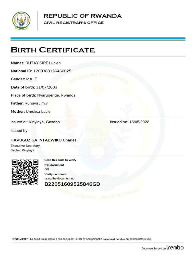 Birth Certificate: Republic of Rwanda | PDF