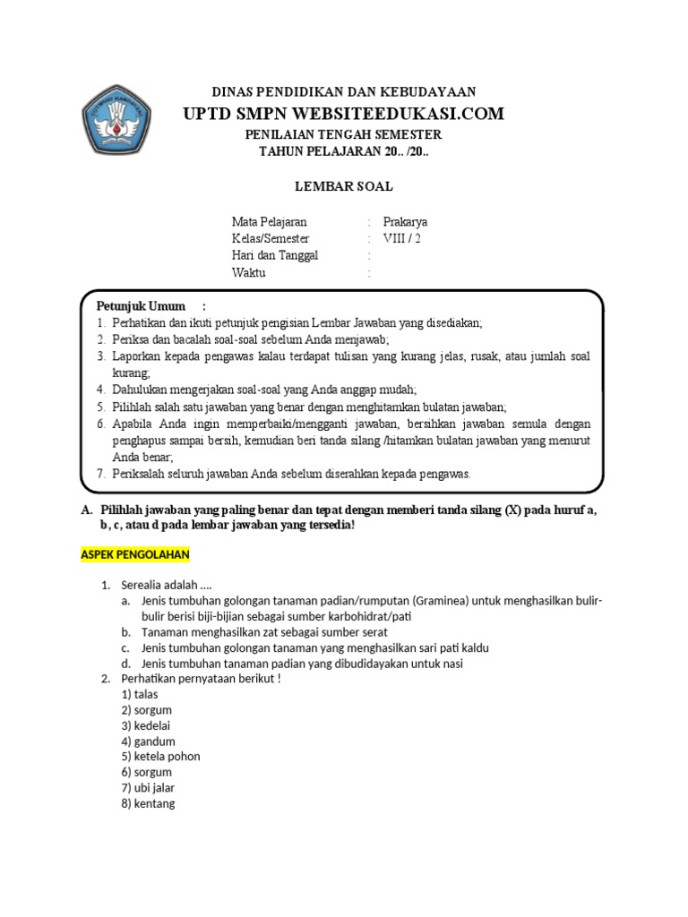 Soal PTS 2 Prakarya Kelas Viii K13 | PDF