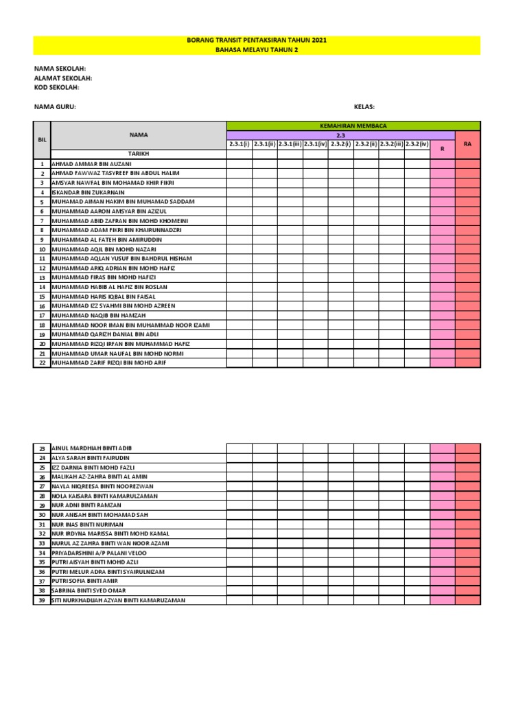 Rekod Transit BM Tahun 2 (Kemahiran Membaca 2) | PDF