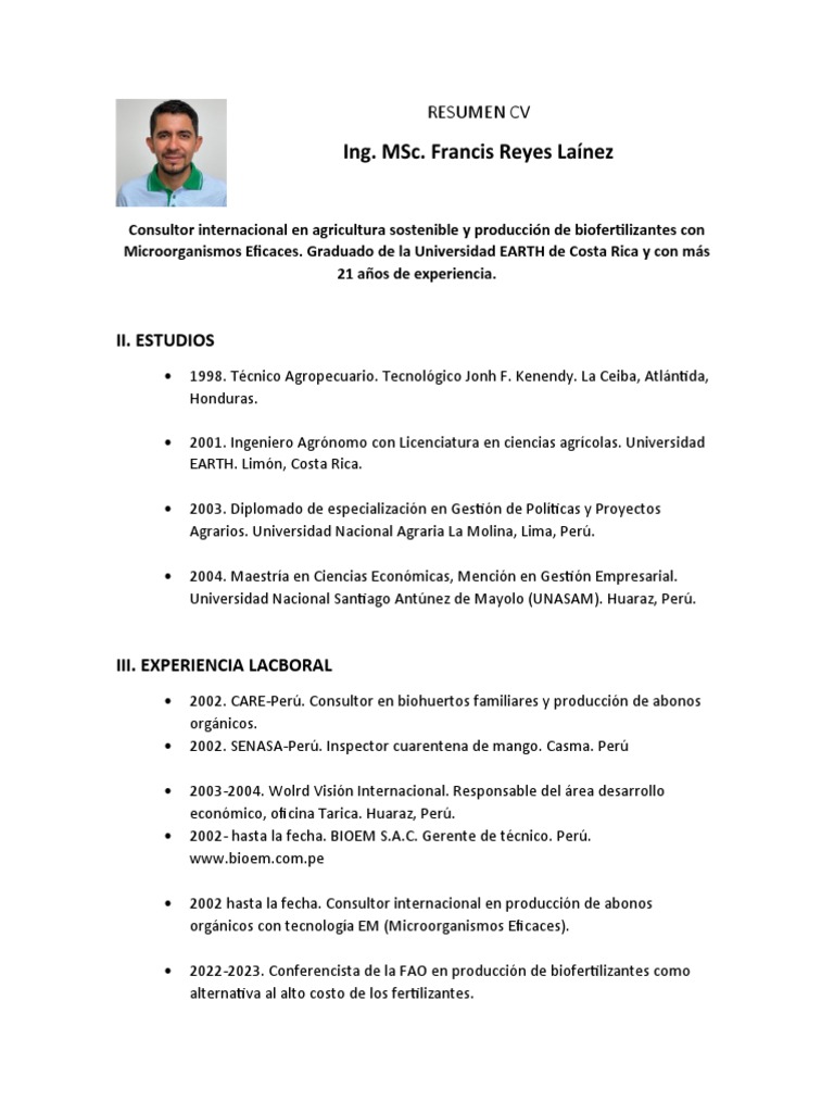Resumen CV Francis Reyes 2023 | PDF