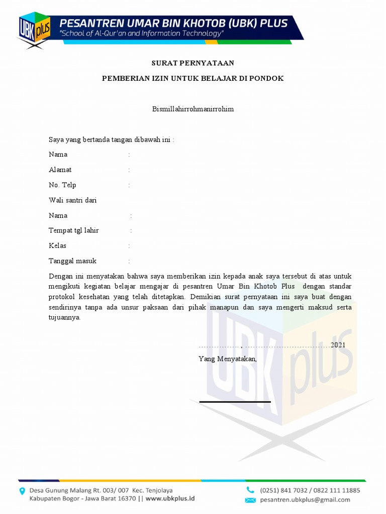 Surat Pernyataan Izin Masuk Santri Ubk Plus | PDF