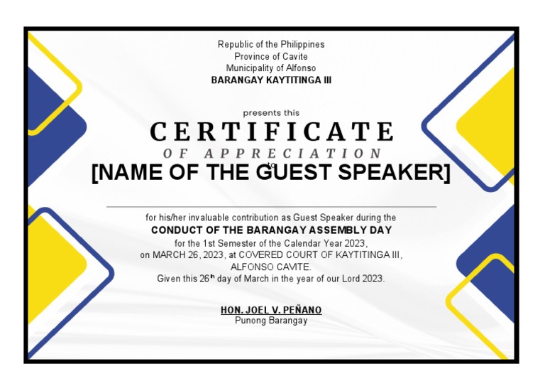 Certificate Of Appreciation For Speakers Sample