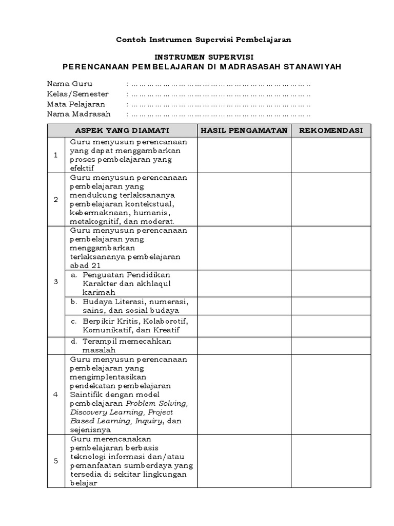 Contoh Instrumen Supervisi Pembelajaran | PDF