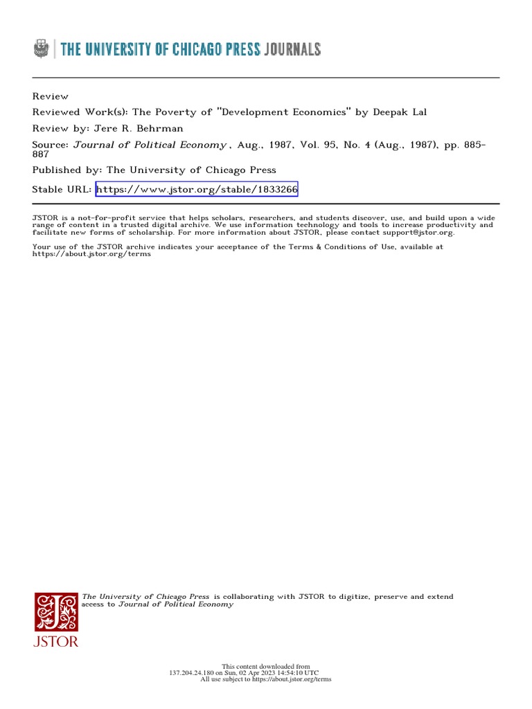 Reviewed Work(s) : The Poverty of "Development Economics" by Deepak Lal Review By: Jere R ...