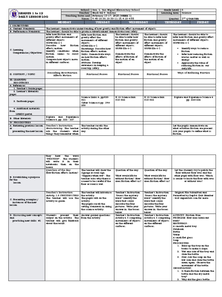 Grade 6 Science: Friction & Gravity Lesson Plan | PDF | Information ...