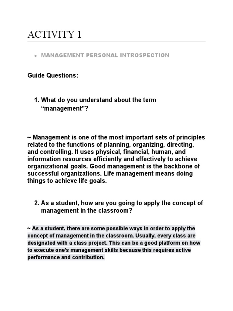 Activity 1: Management Personal Introspection | PDF