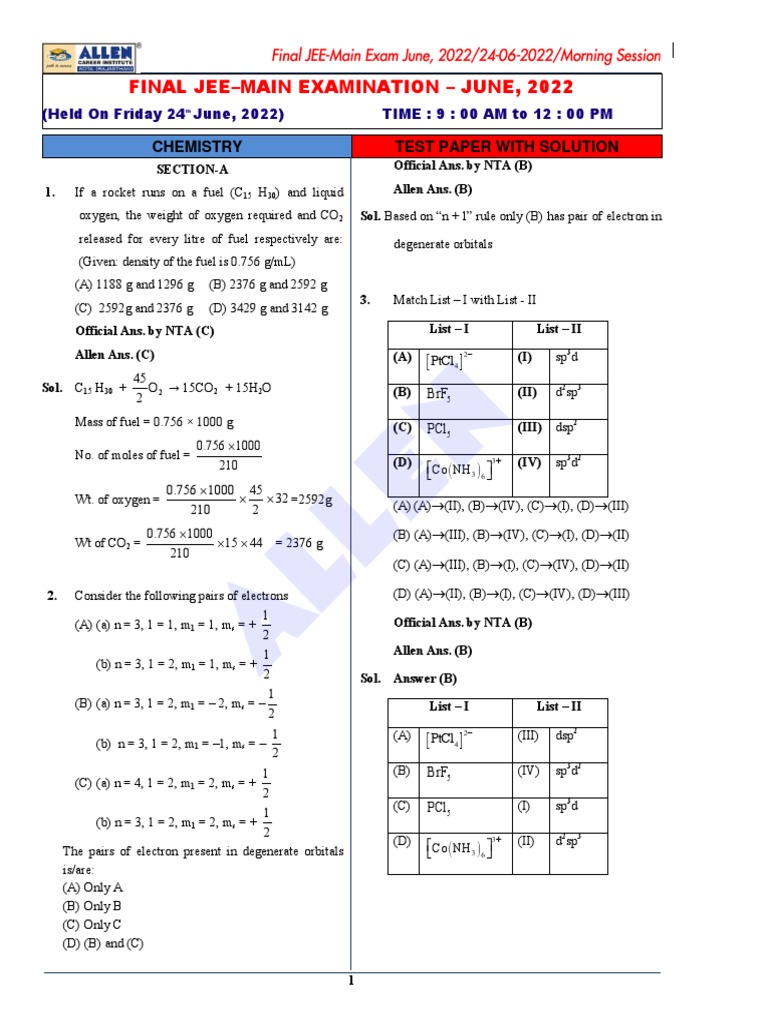 Allen: Final Jee-Main Examination - June, 2022 | PDF | Sodium | Sodium ...