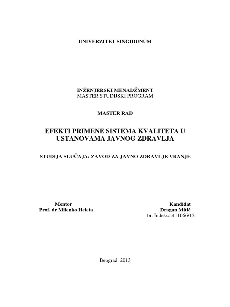 MR - Efekti Primene Sistema Kvaliteta U Ustanovama Javnog Zdravlja | PDF