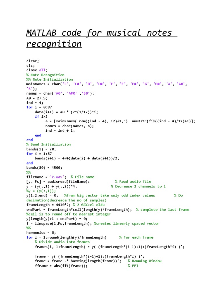 MATLAB Code For Musical Notes Recognition | PDF