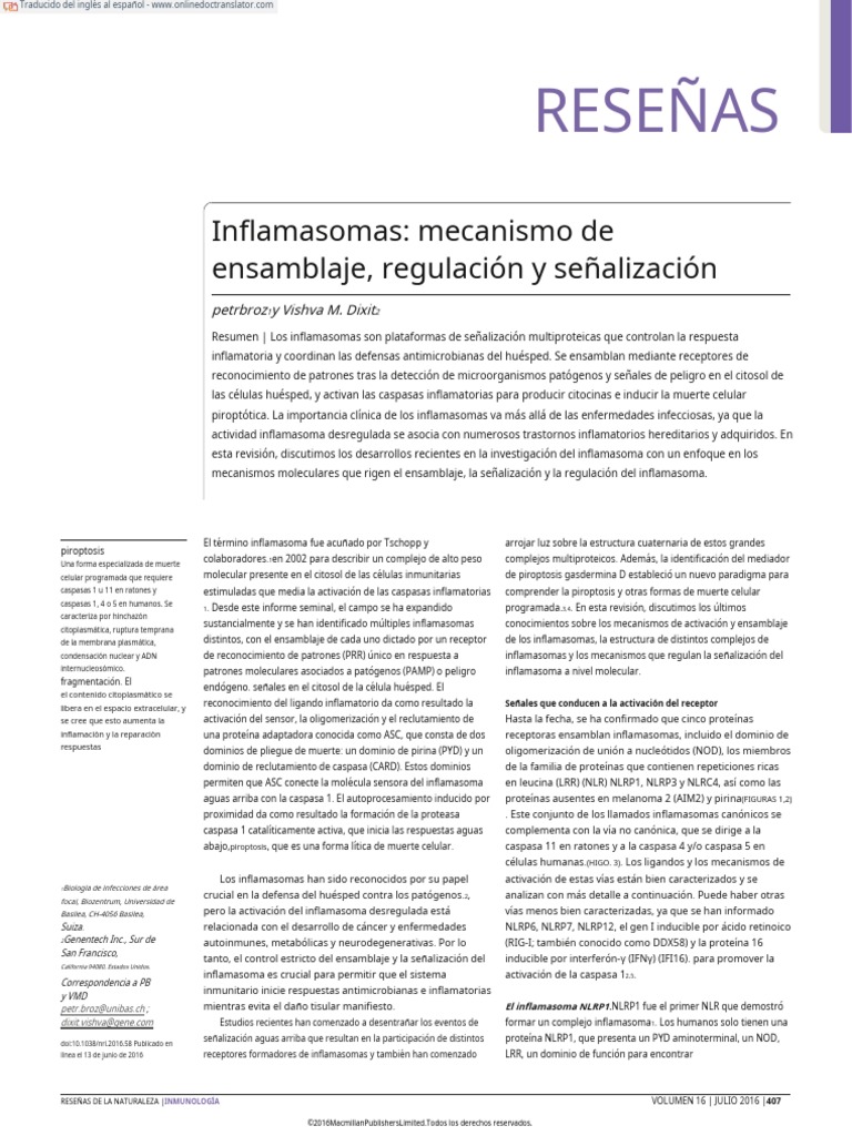 Reseñas: Inflamasomas: Mecanismo de Ensamblaje, Regulación y ...