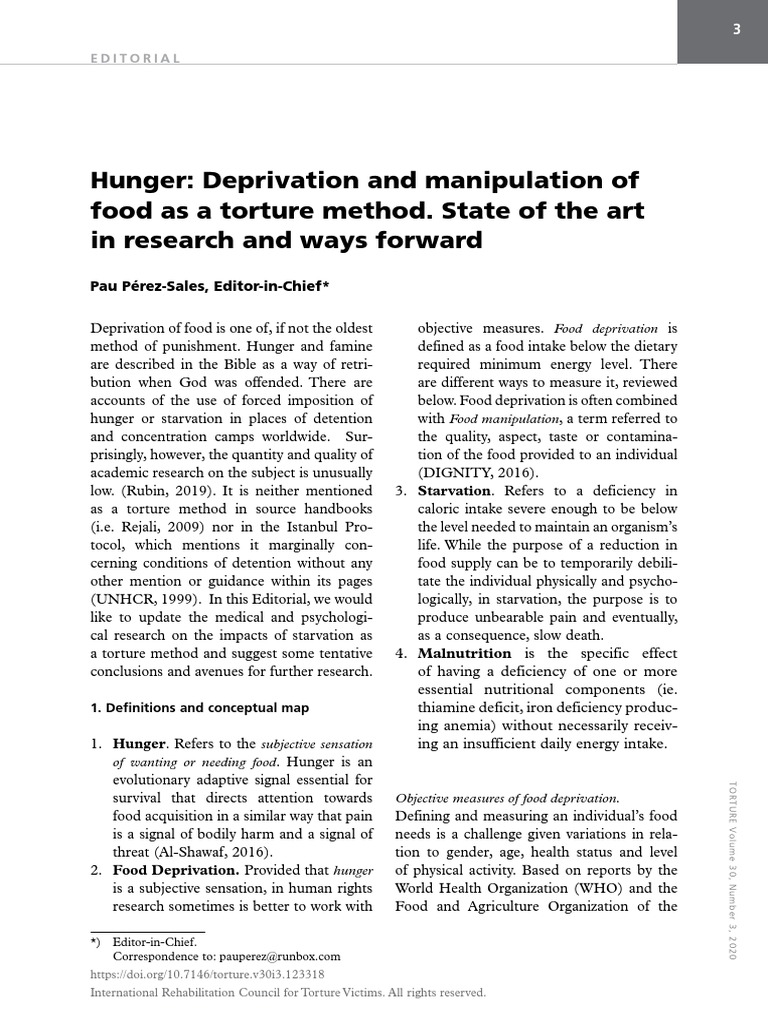 Hunger: Deprivation and Manipulation of Food As A Torture Method. State of The Art in Research ...