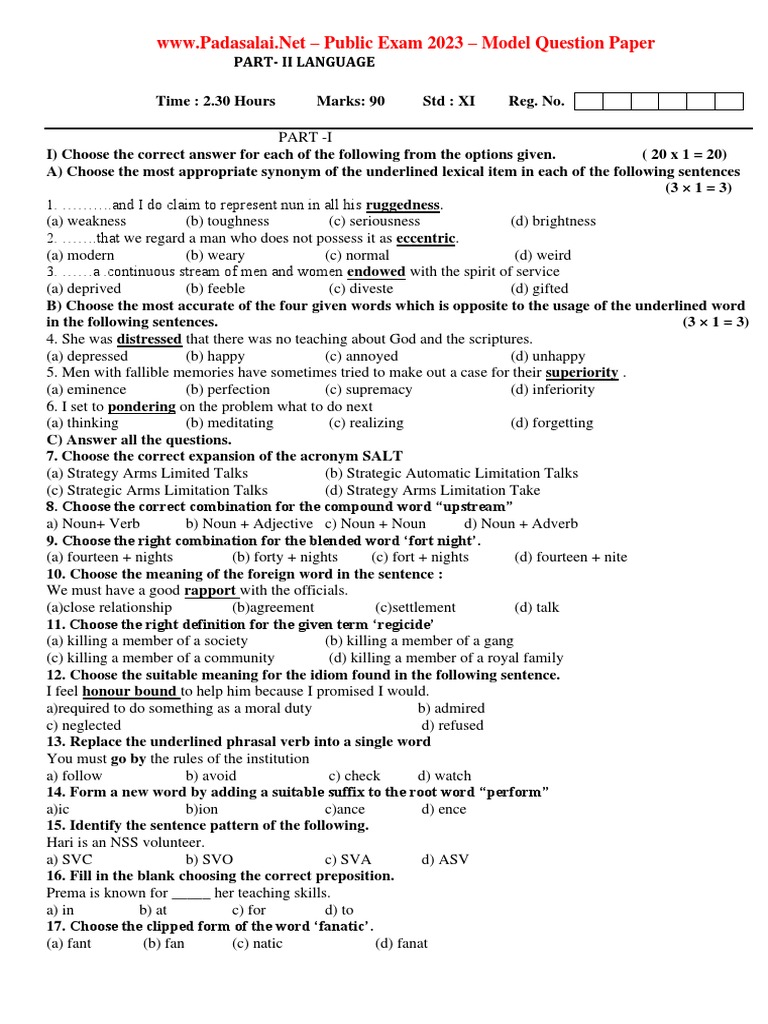 11th English Model Question Paper 2023 | PDF | Vatican City | Catholic ...