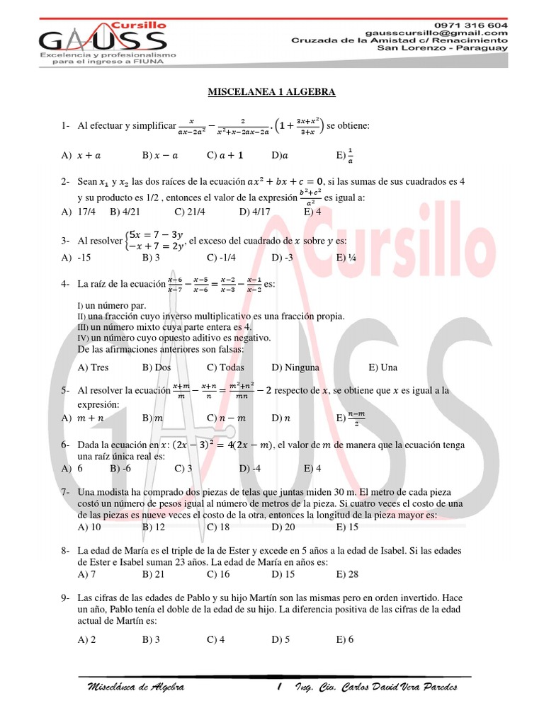 Miscelanea de Algebra | PDF | Números | Ecuaciones