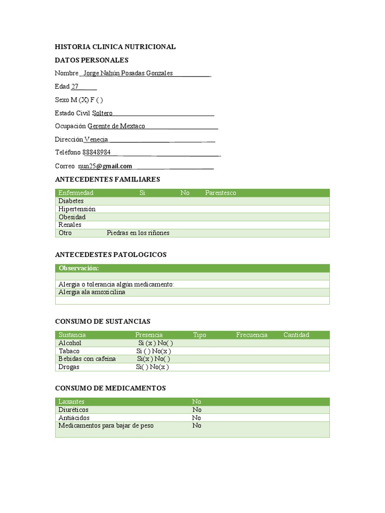 Historia Clinica Nutricional | PDF | Nutrición | Dieta y nutrición