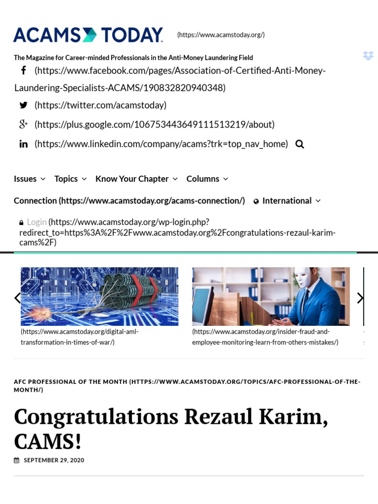 Congratulations Rezaul Karim, CAMS! - ACAMS Today | PDF | Money Laundering | Financial Regulation