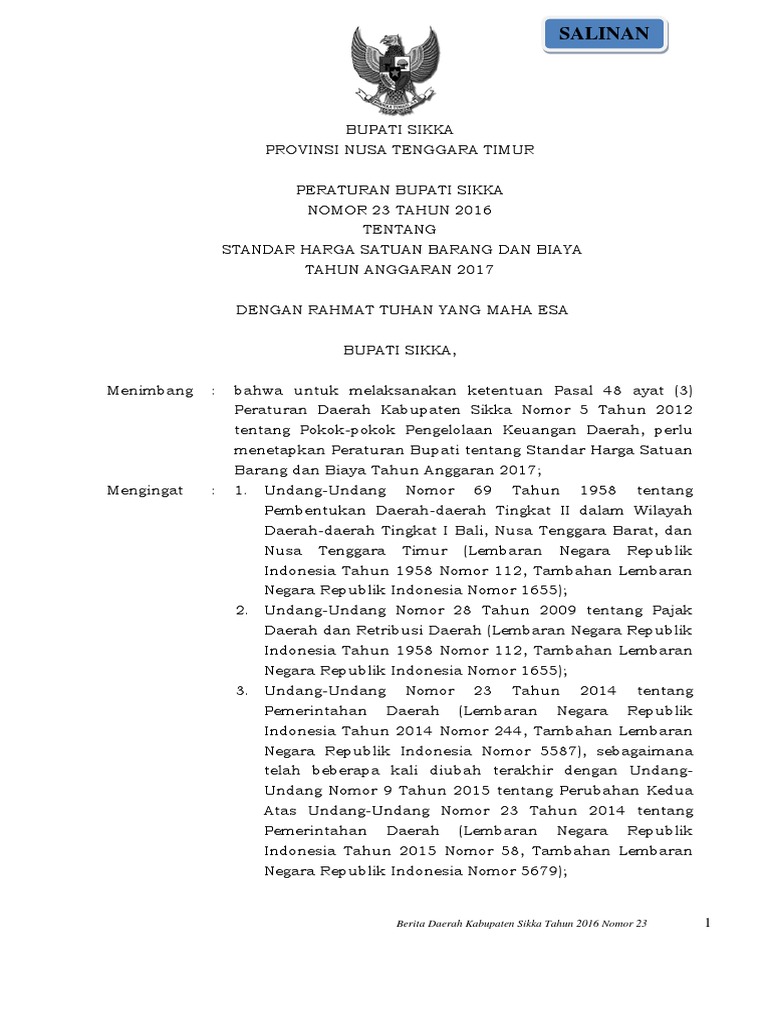 Peraturan Bupati Sikka Nomor 23 Tahun 2016 | PDF