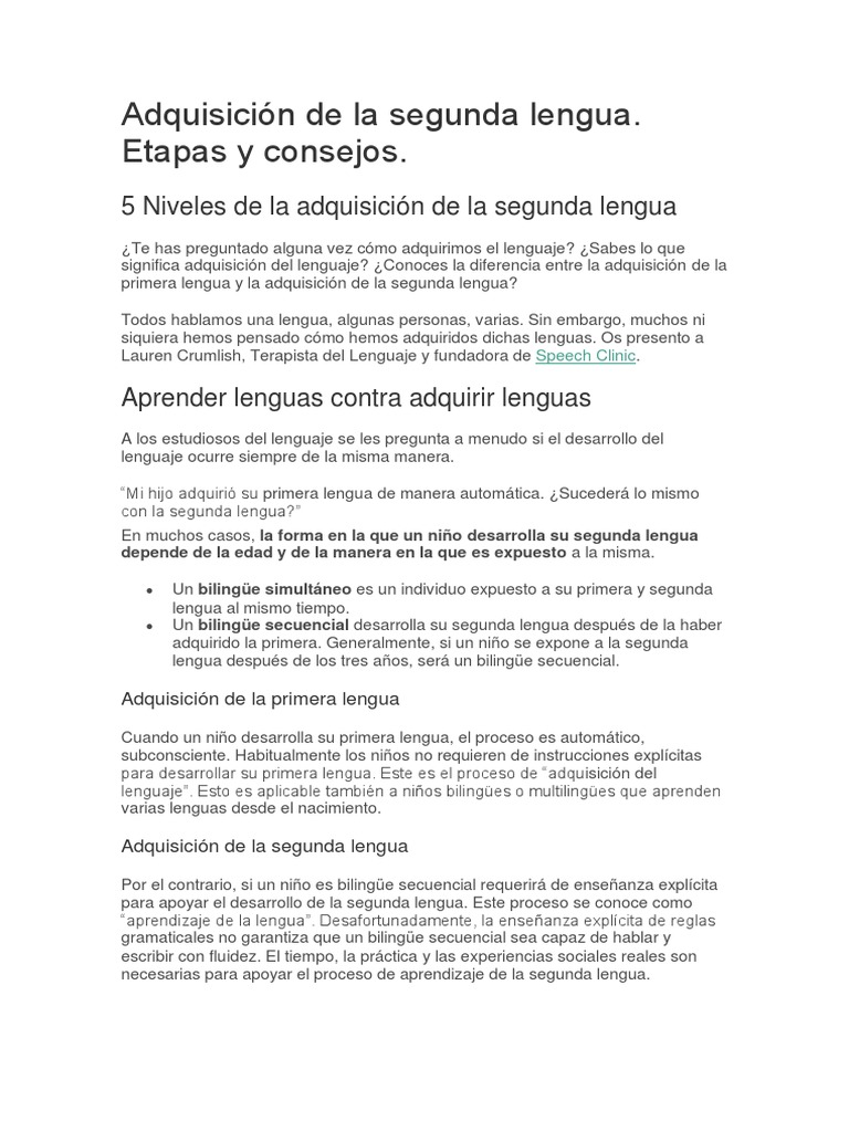Etapas de Adquisición de La Segunda Lengua | PDF | Segundo lenguaje | Aquisición de idioma