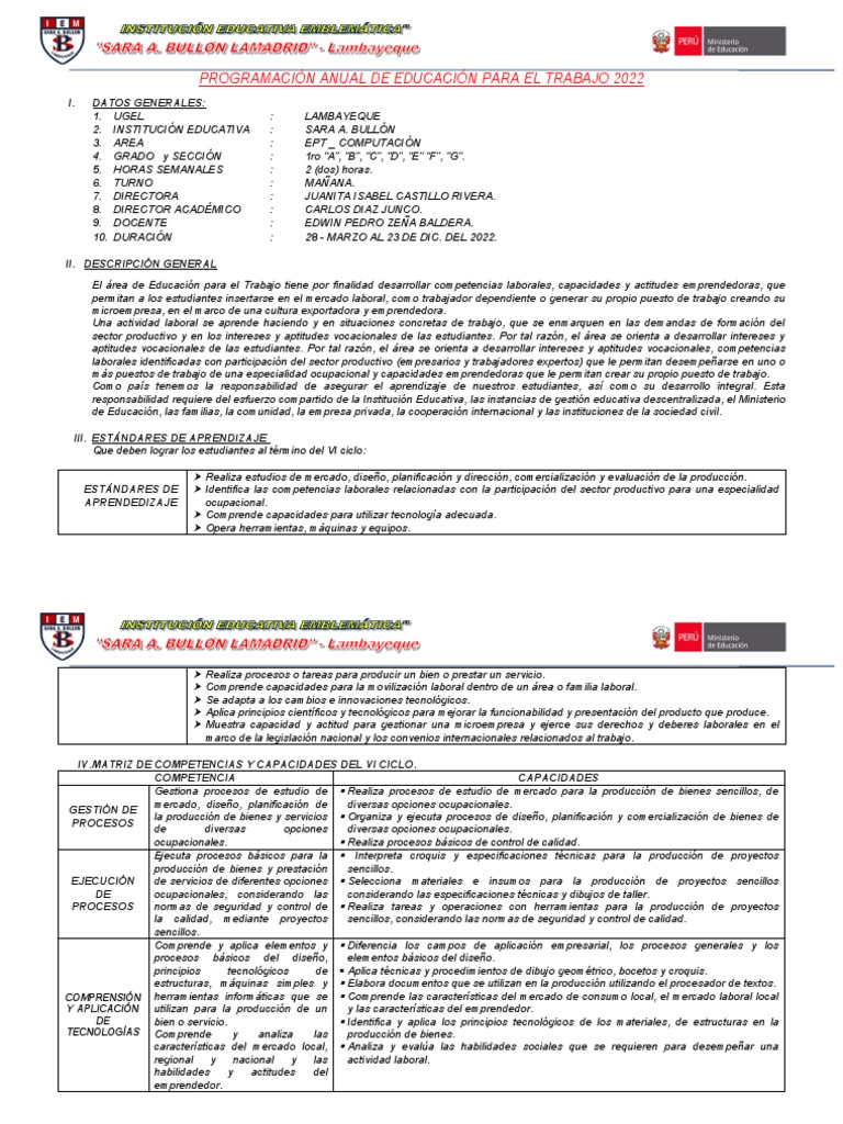 Programación Anual Ept - Computación - 1° Año Pedro 2022 | PDF | Hoja de cálculo | Microsoft ...
