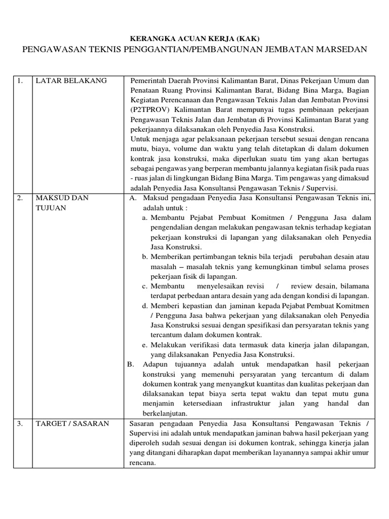 Pengawasan Teknis Penggantian/Pembangunan Jembatan Marsedan: Kerangka Acuan Kerja (Kak) | PDF