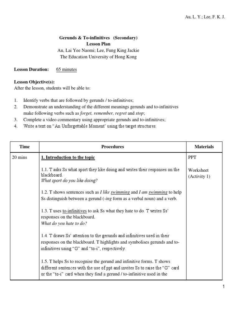 Gerunds Infinitives Junior Secondary Lesson Plan Final | PDF ...