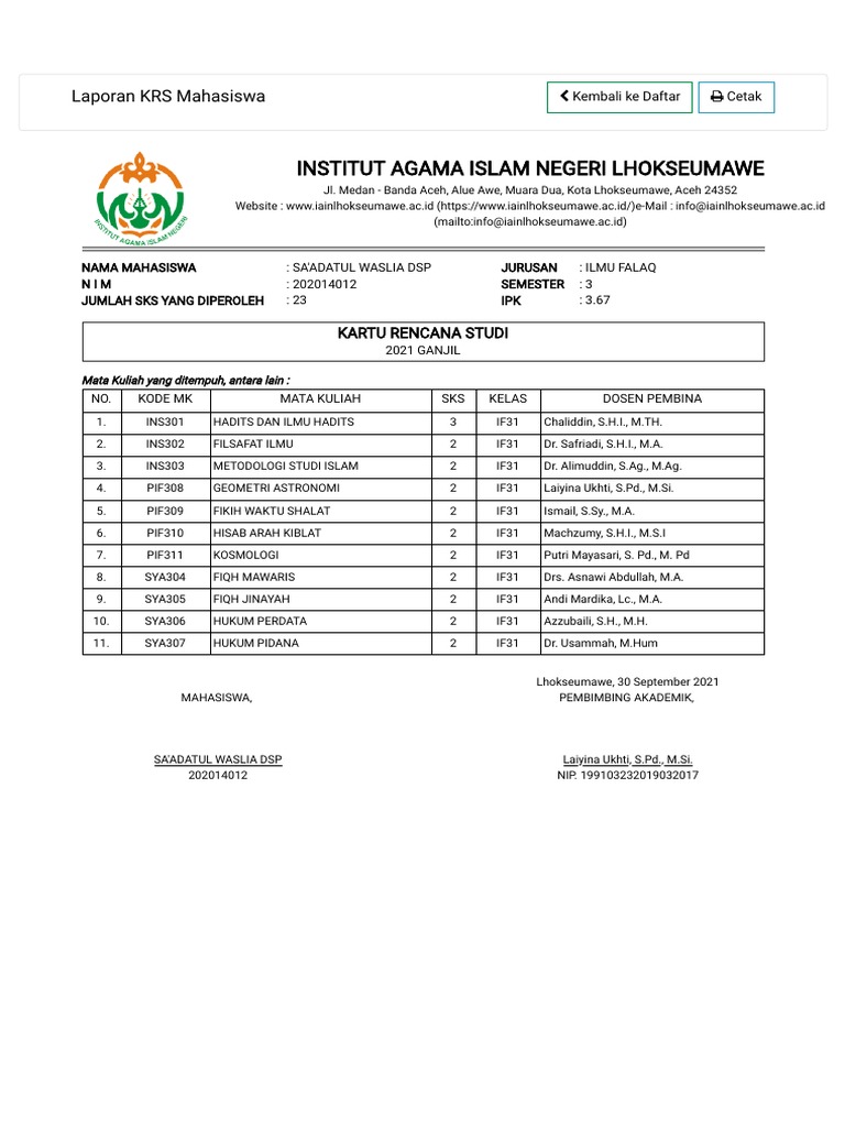 Kartu Rencana Studi Mahasiswa IAIN Lhokseumawe | PDF