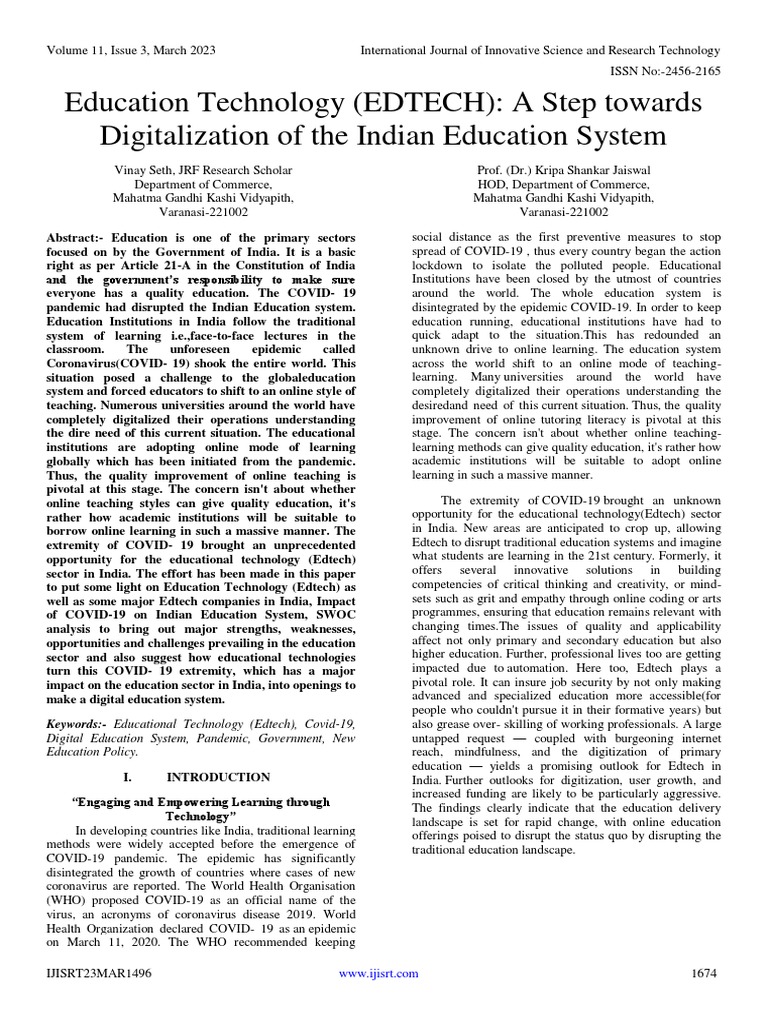 Education Technology (EDTECH) A Step Towards Digitalization of The ...