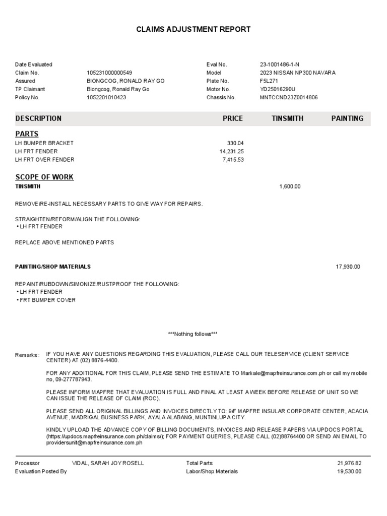 Claims Adjustment Report: Description Price Parts Tinsmith Painting ...