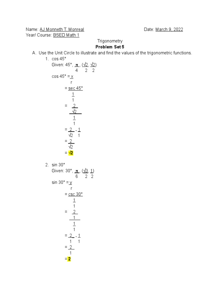 AJ Monneth Monreal - BSED Math 1 - MATH 14 - Problem Set 5 | PDF | Trigonometry | Elementary ...